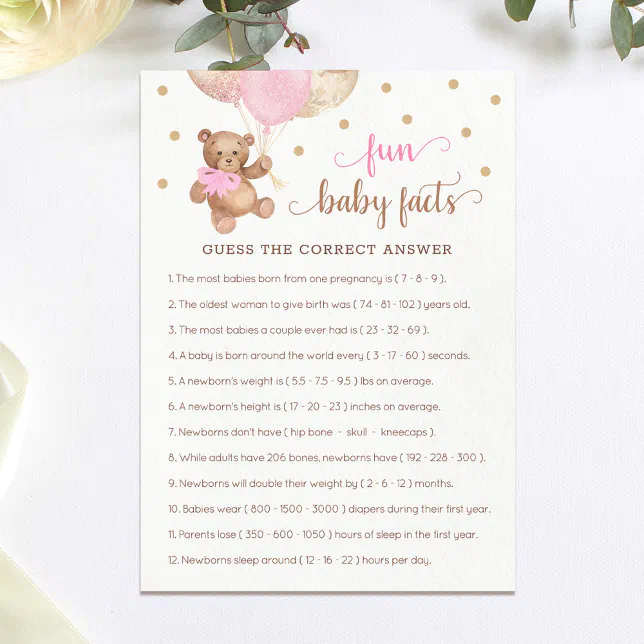 Fun Baby Facts Game Baby Shower Teddy Bear Card | Zazzle