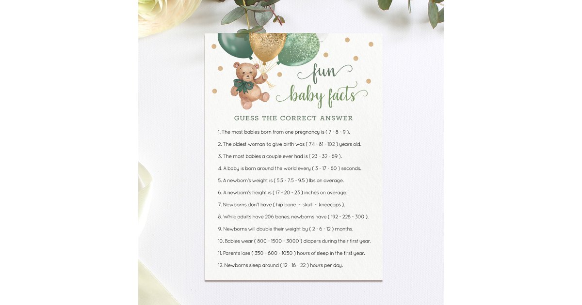 Fun Baby Facts Game Baby Shower Teddy Bear Card | Zazzle