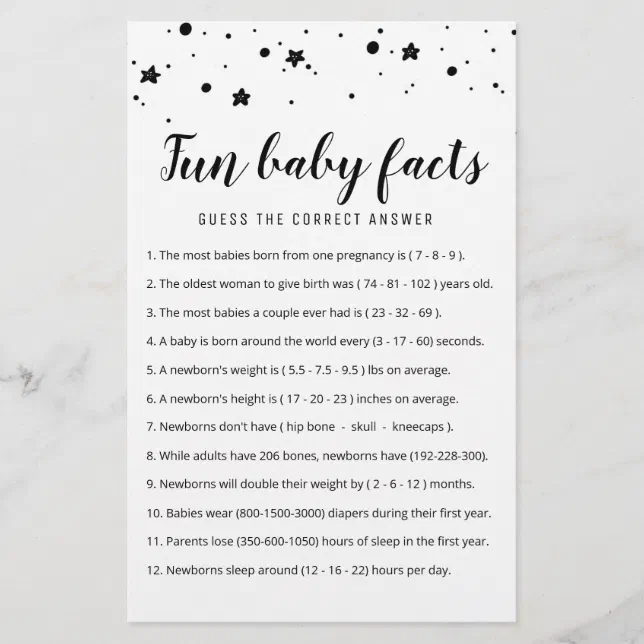Fun Baby Facts Game with Answers Baby Shower party | Zazzle
