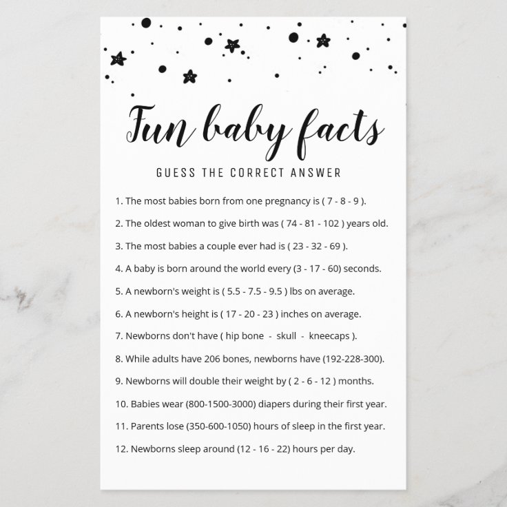 Fun Baby Facts Game with Answers Baby Shower party | Zazzle