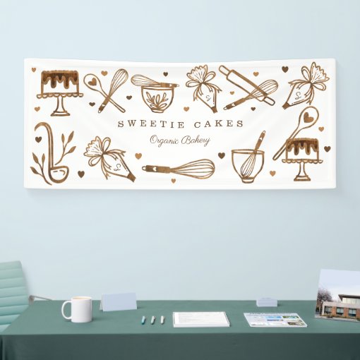 Fun Baking Cooking Utensils Woodgrain Cake Bakery Banner | Zazzle
