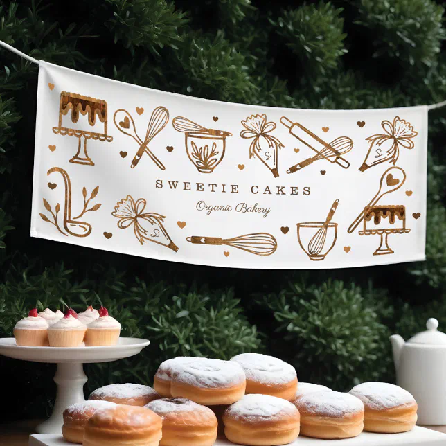 Fun Baking Cooking Utensils Woodgrain Cake Bakery Banner | Zazzle