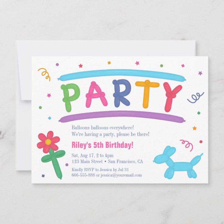 Fun Balloon Art Kids Birthday Party Invitations | Zazzle