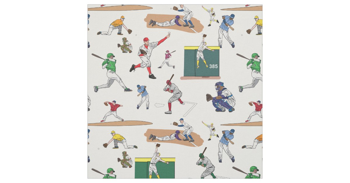 Fun Baseball Players Illustrations Pattern Fabric | Zazzle