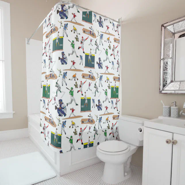 Fun Baseball Players Illustrations Pattern Shower Curtain | Zazzle