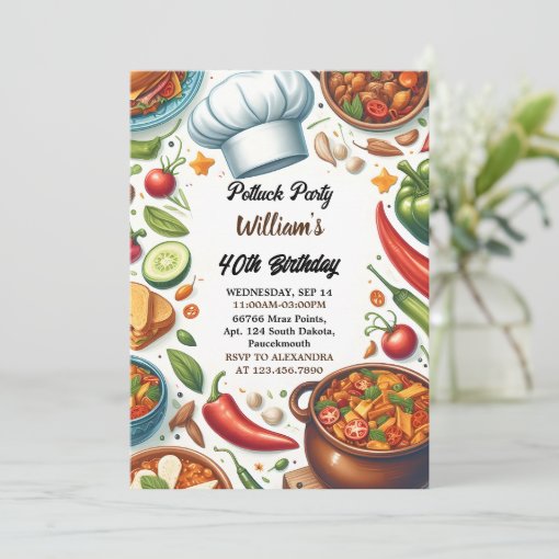 Fun Bbq Taco Chef Soup Potluck Party 40th Birthday Invitation | Zazzle