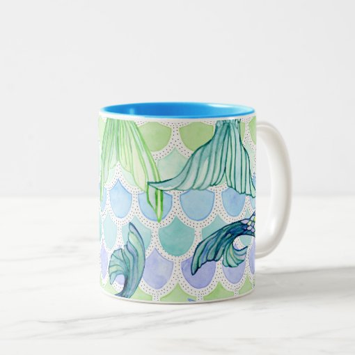 Fun Beach Home Mermaid Tails Fish Scale Watercolor Two-Tone Coffee Mug ...