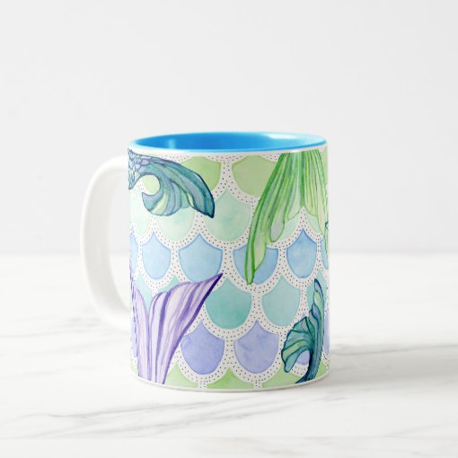 Fun Beach Home Mermaid Tails Fish Scale Watercolor Two-Tone Coffee Mug ...