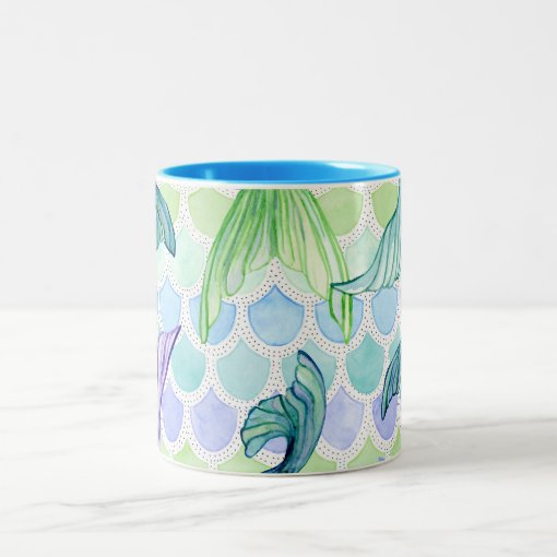Fun Beach Home Mermaid Tails Fish Scale Watercolor Two-Tone Coffee Mug ...