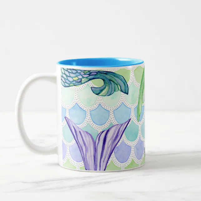 Fun Beach Home Mermaid Tails Fish Scale Watercolor Two-Tone Coffee Mug ...
