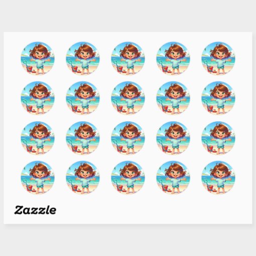 Fun beach kid scene classic round sticker | Zazzle