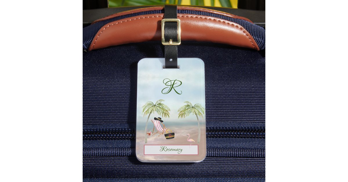 Fun Beach Scene Glam Palm Tree Monogram Name Luggage Tag | Zazzle