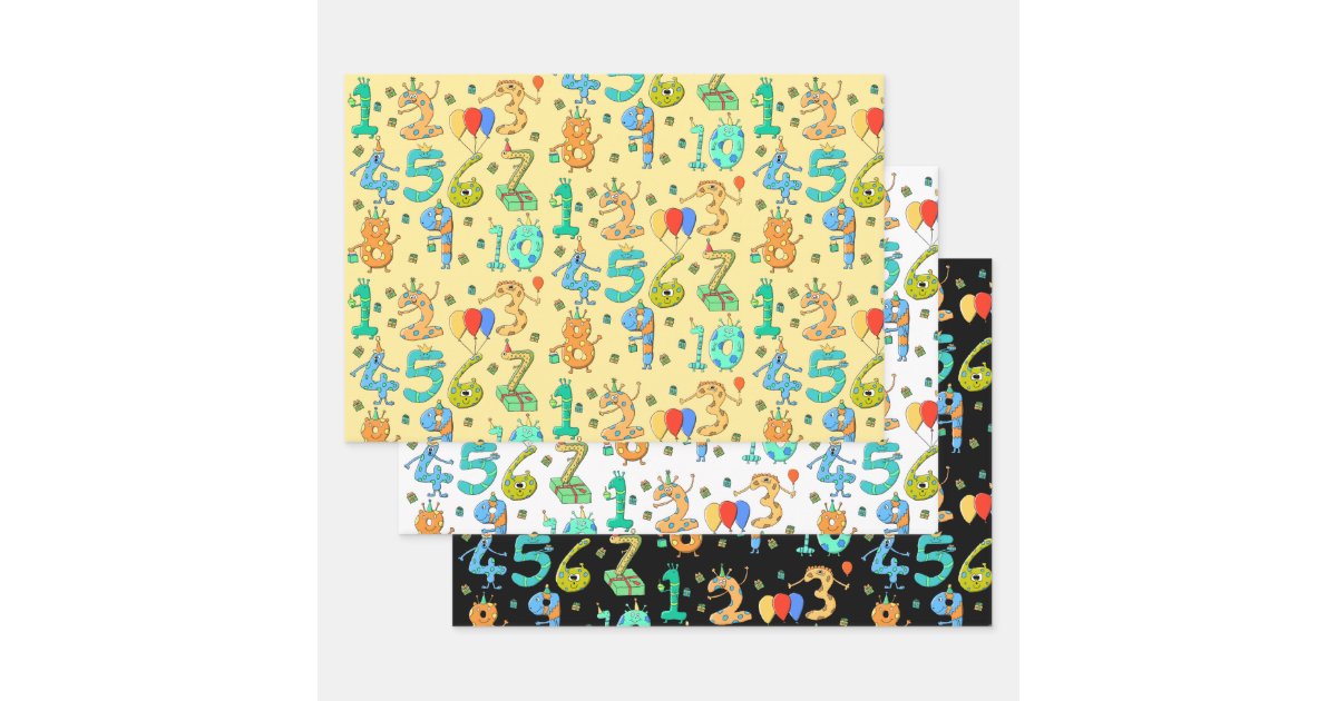 Fun Birthday Party Theme. Cute Cartoon Numbers Wrapping Paper Sheets ...