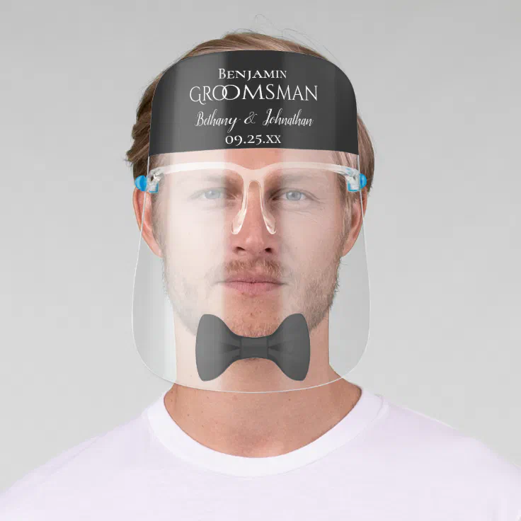Fun Black Bow Tie Groomsman Wedding Face Shield | Zazzle
