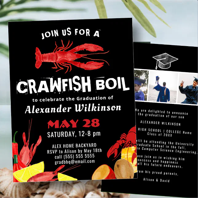 Fun Black Crawfish Boil 3 Photo Graduation Party Invitation | Zazzle
