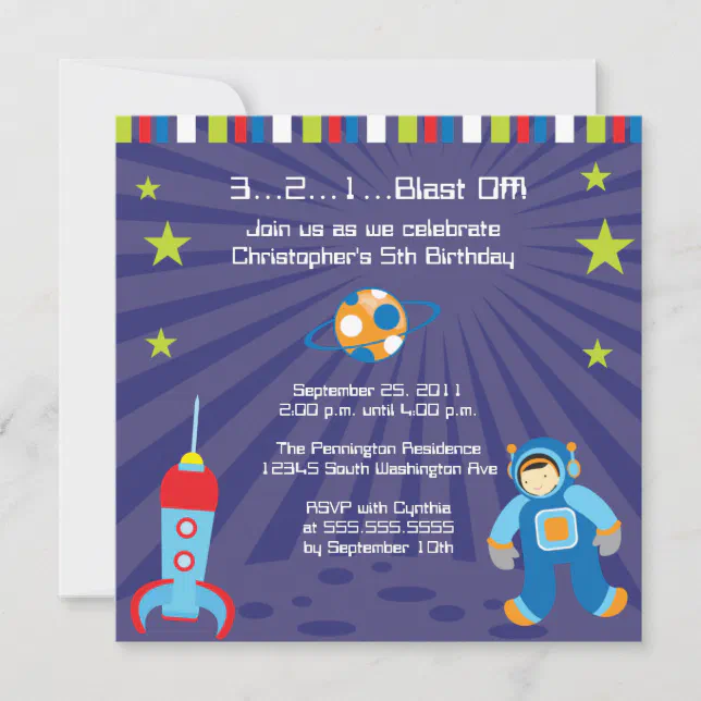 Fun blast off spaceship boys birthday party invite | Zazzle