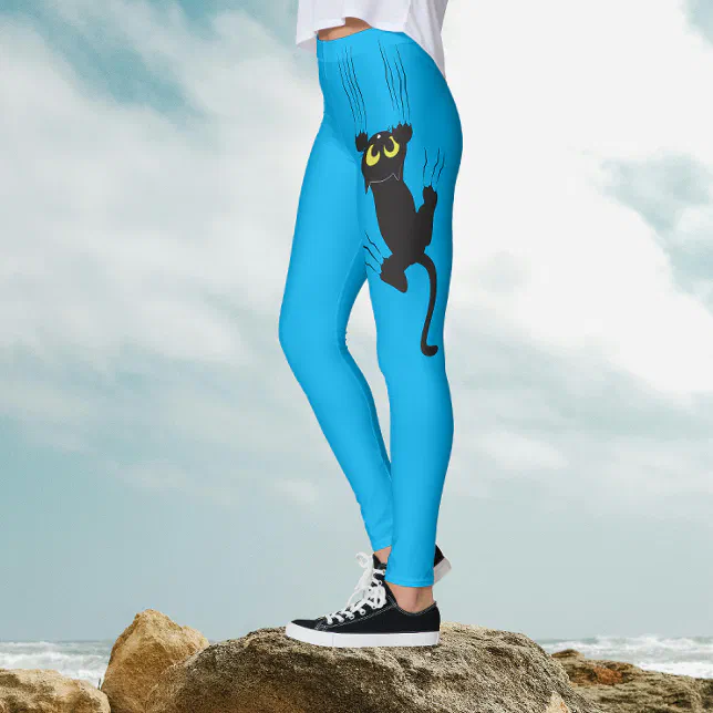 Fun Blue Black Cat Scratchig Asymmetric Cartoon Leggings | Zazzle