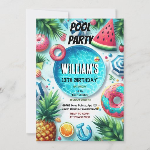 fun boy water blue Cool Pool Party 13th Birthday Invitation | Zazzle