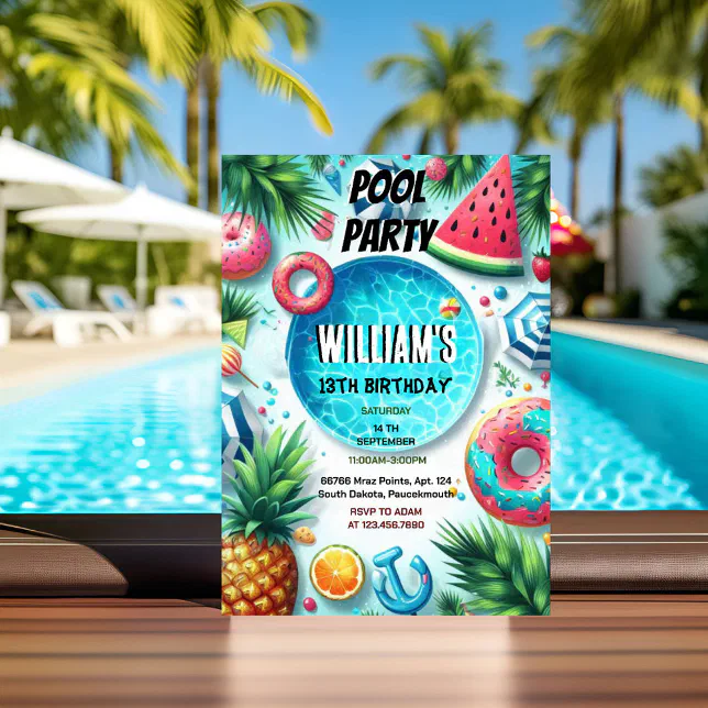 fun boy water blue Cool Pool Party 13th Birthday Invitation | Zazzle