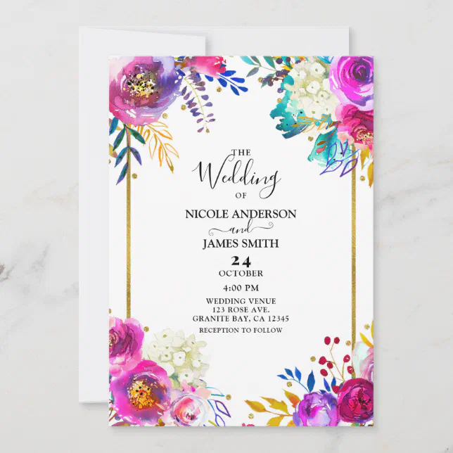 Fun Bright Bold Color Watercolor Floral Wedding Invitation | Zazzle