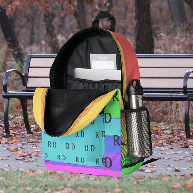 Fun, Bright Monogrammed Rainbow Color Stripes Blue Printed Backpack ...