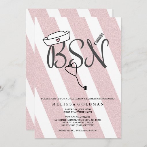 FUN BSN graduation invites blush pink glitter | Zazzle