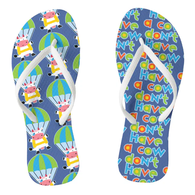 Fun Cartoon Parachute Cow Flip Flops | Zazzle