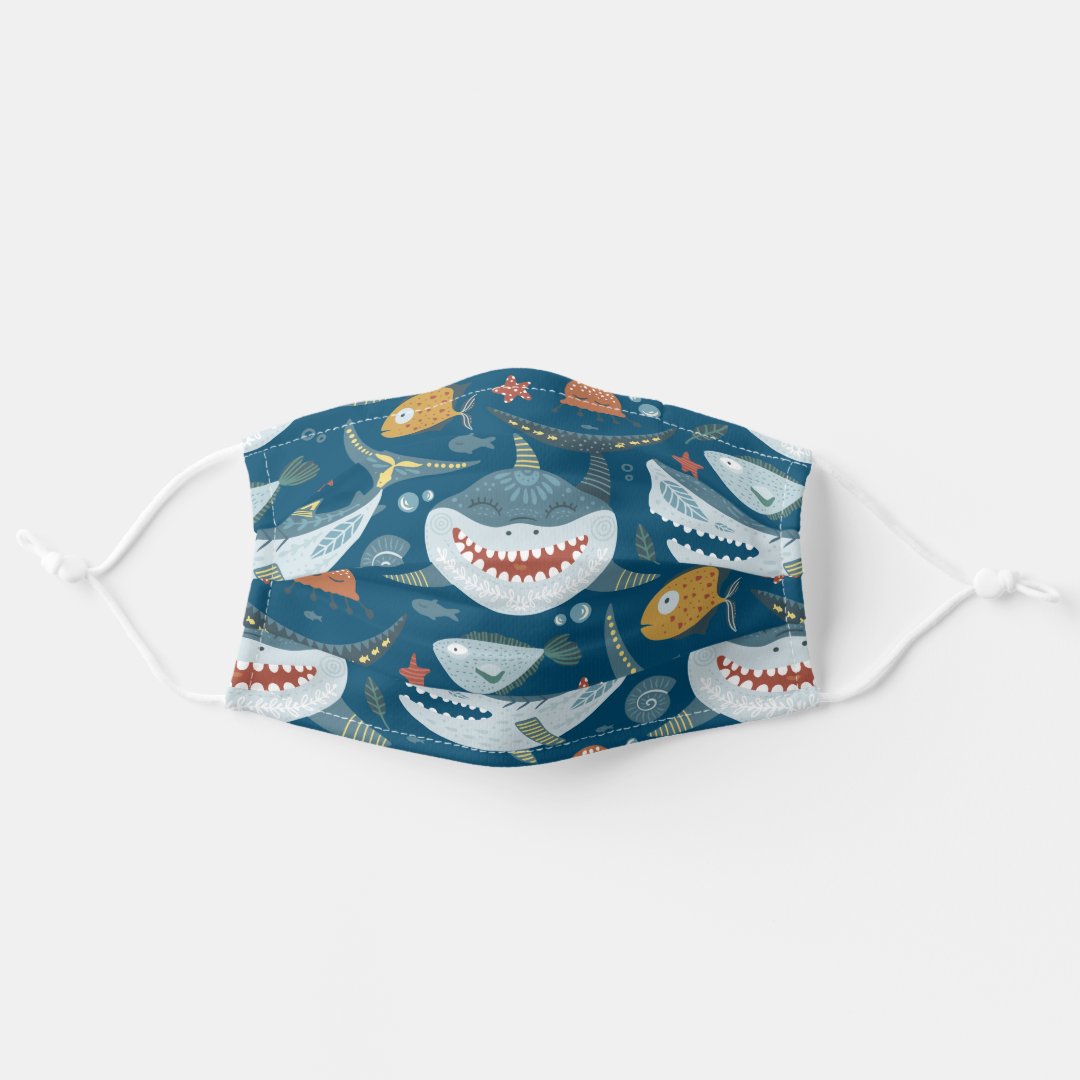 Fun Cartoon Shark Pattern on Blue Adult Cloth Face Mask | Zazzle