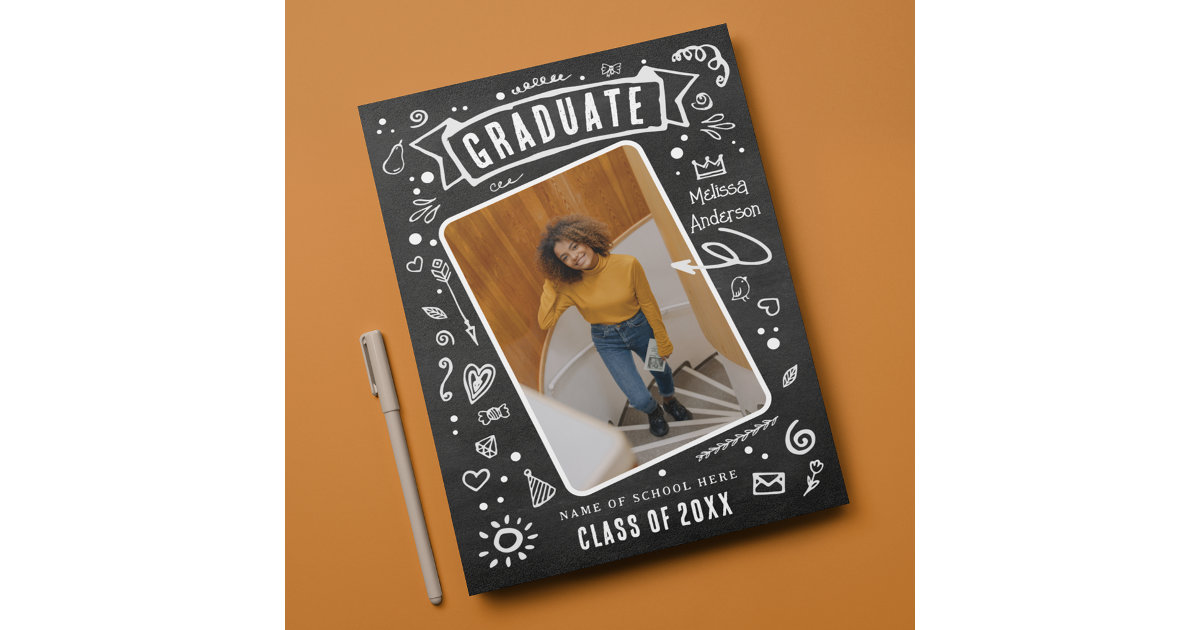 Fun Chalkboard Doodle Photo Graduation Announcement | Zazzle