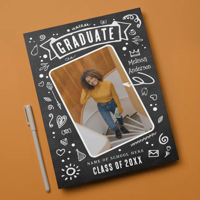 Fun Chalkboard Doodle Photo Graduation Announcement | Zazzle