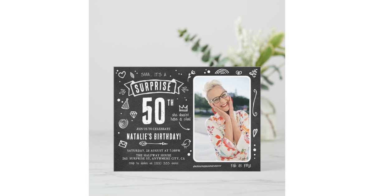 Fun Chalkboard Doodle Photo Surprise 50th Birthday Invitation | Zazzle