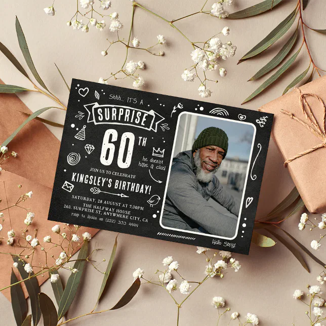 Fun Chalkboard Doodle Photo Surprise 60th Birthday Invitation | Zazzle