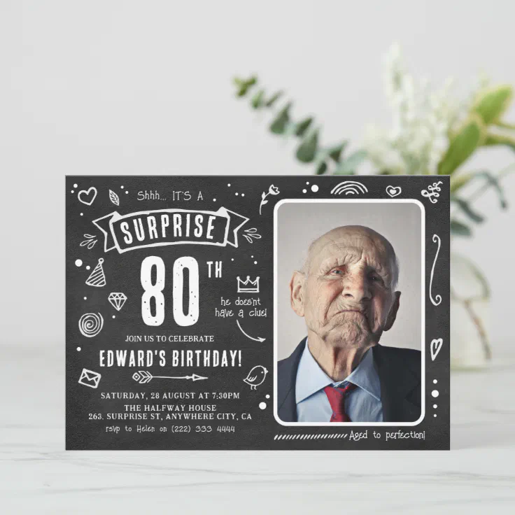 Fun Chalkboard Doodle Photo Surprise 80th Birthday Invitation | Zazzle