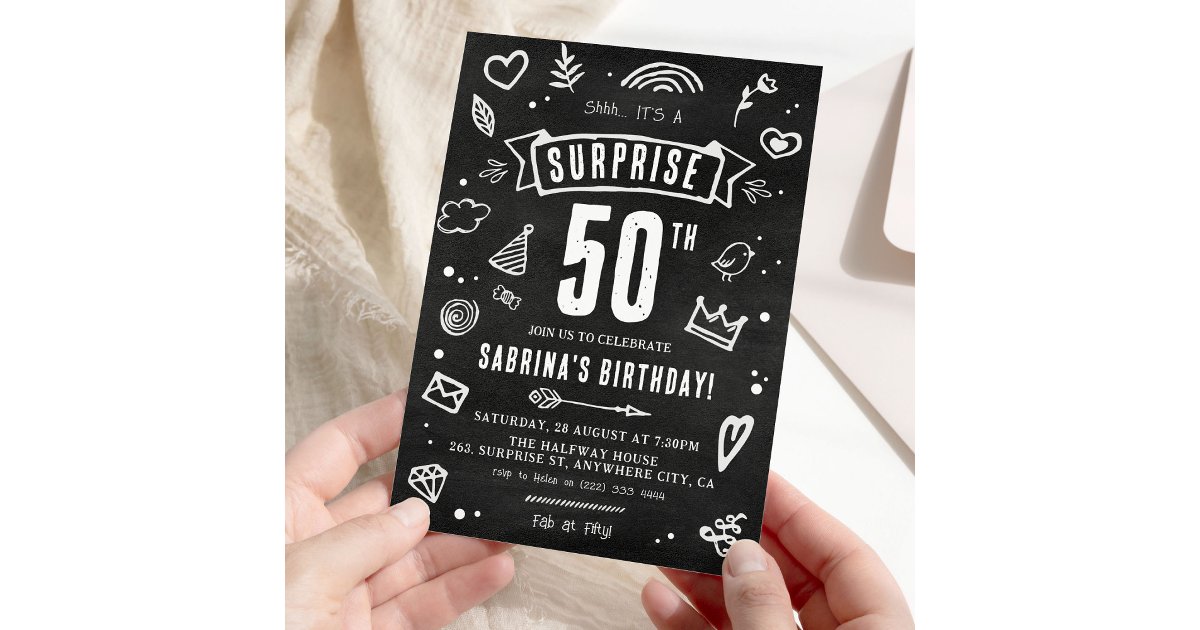 Fun Chalkboard Doodle Surprise 50th Birthday Invitation | Zazzle