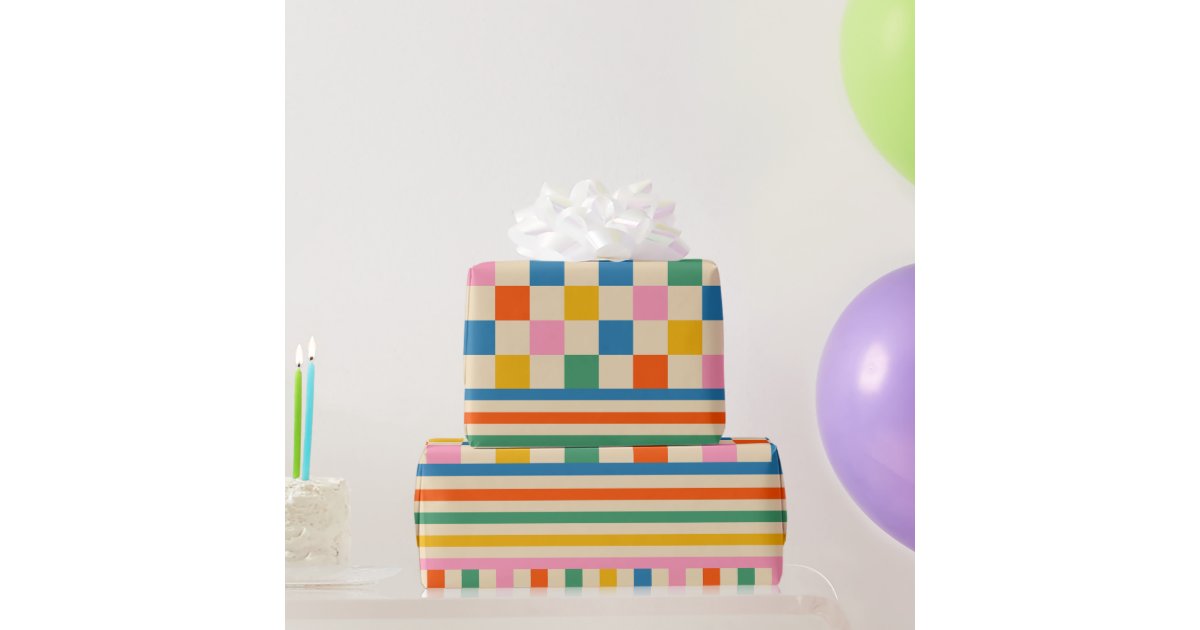 Fun Check Colorful Checker Stripe Retro 80s 90s Wrapping Paper | Zazzle