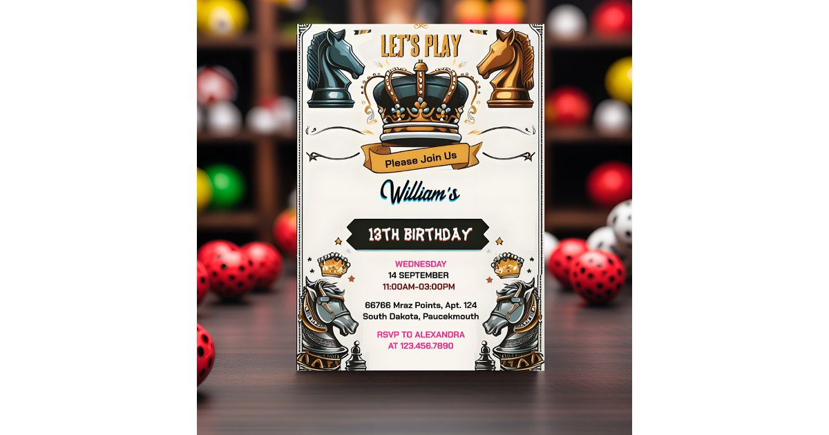 Fun Chess King And Queen Game Night 13th Birthday Invitation | Zazzle