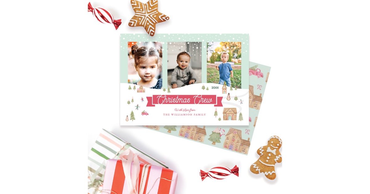 Fun Christmas Crew Three Photo Gingerbread Town Holiday Card | Zazzle