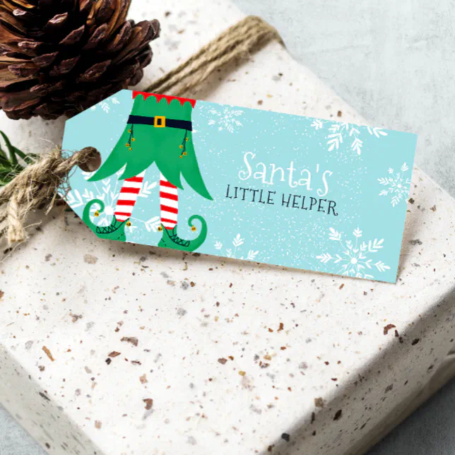 Fun Christmas Santa's little helper elf snow blue Gift Tags | Zazzle