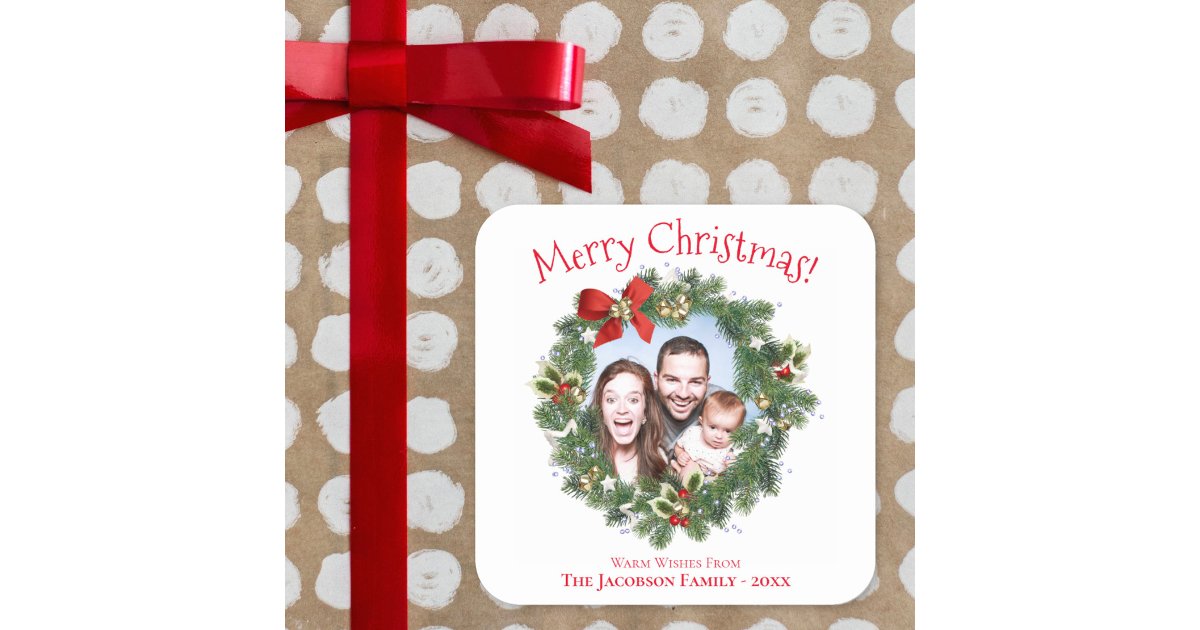 Fun Christmas Wreath Picture Frame Cute Holiday Square Sticker | Zazzle