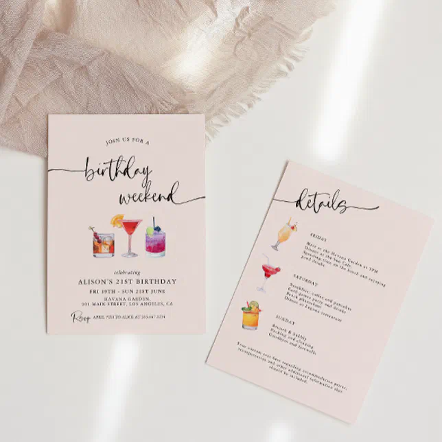 Fun Cocktails Birthday Weekend Itinerary Invitation | Zazzle