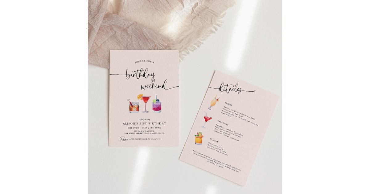 Fun Cocktails Birthday Weekend Itinerary Invitation | Zazzle