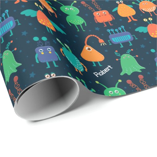 Fun Colorful Alien Pattern for Kids on Blue Party Wrapping Paper | Zazzle