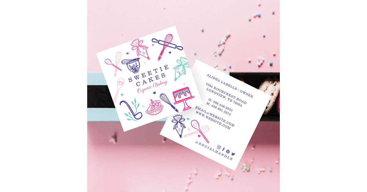 Fun Colorful Baking & Cooking Utensil White Square Business Card | Zazzle