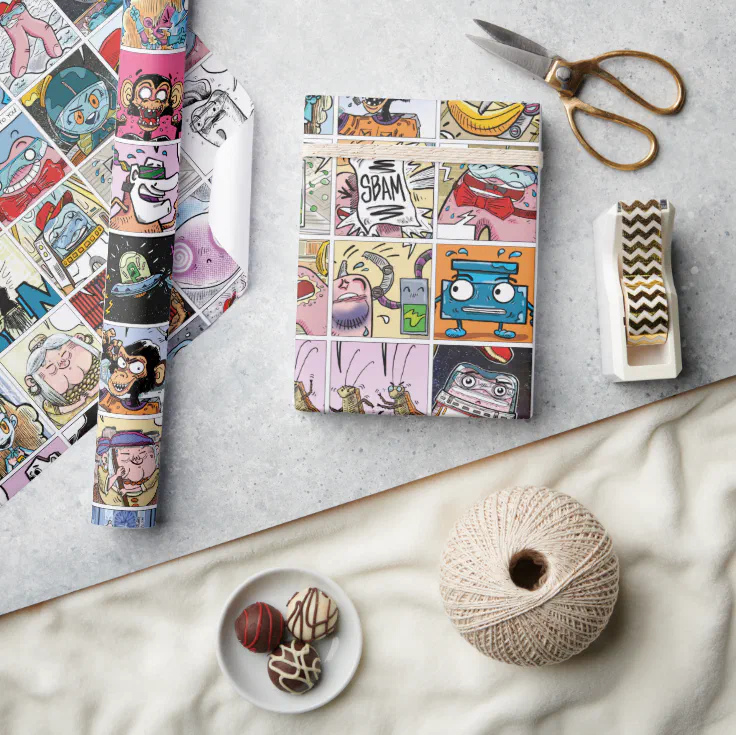 Fun Colorful Comic Characters Cartoon Grid Pattern Wrapping Paper | Zazzle