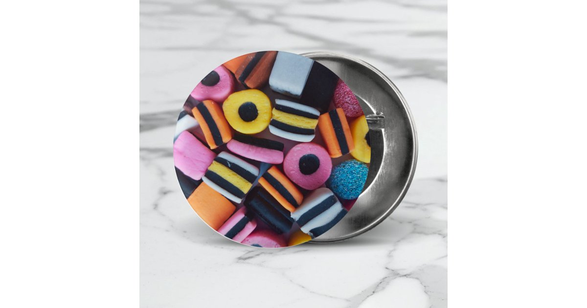 Fun, colorful, licorice candy button | Zazzle