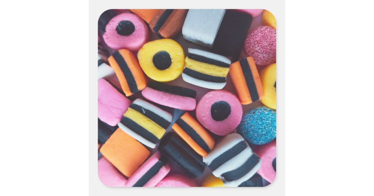 Fun, colorful, licorice candy square sticker | Zazzle