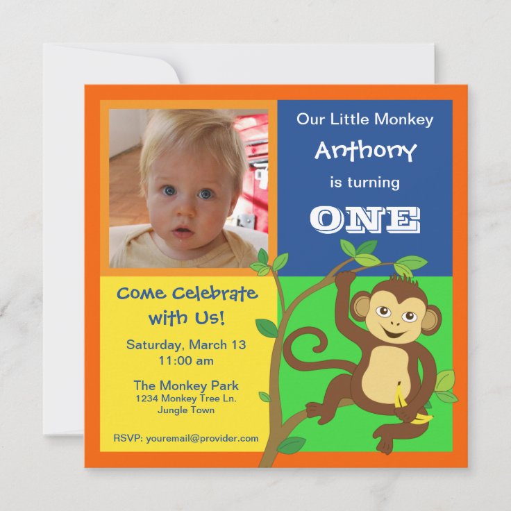 Fun Colorful Little Monkey Photo Invitation | Zazzle