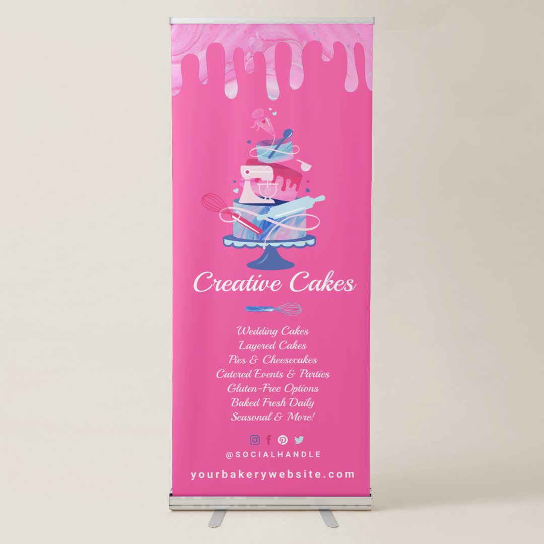 Fun Colorful Pastry Cakes Bakery & Tools Pink Drip Retractable Banner ...