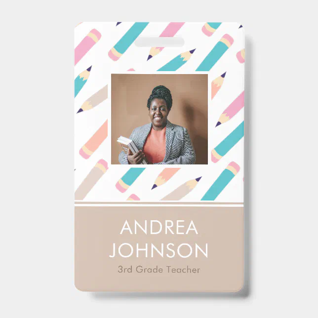 Fun Colorful Pencil Pattern Primary Teacher Photo Badge | Zazzle