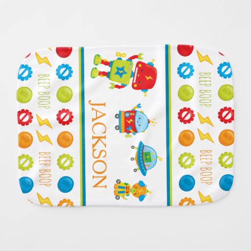 Fun Colorful Robot Beep Boop Pattern Boy Baby Burp Cloth | Zazzle